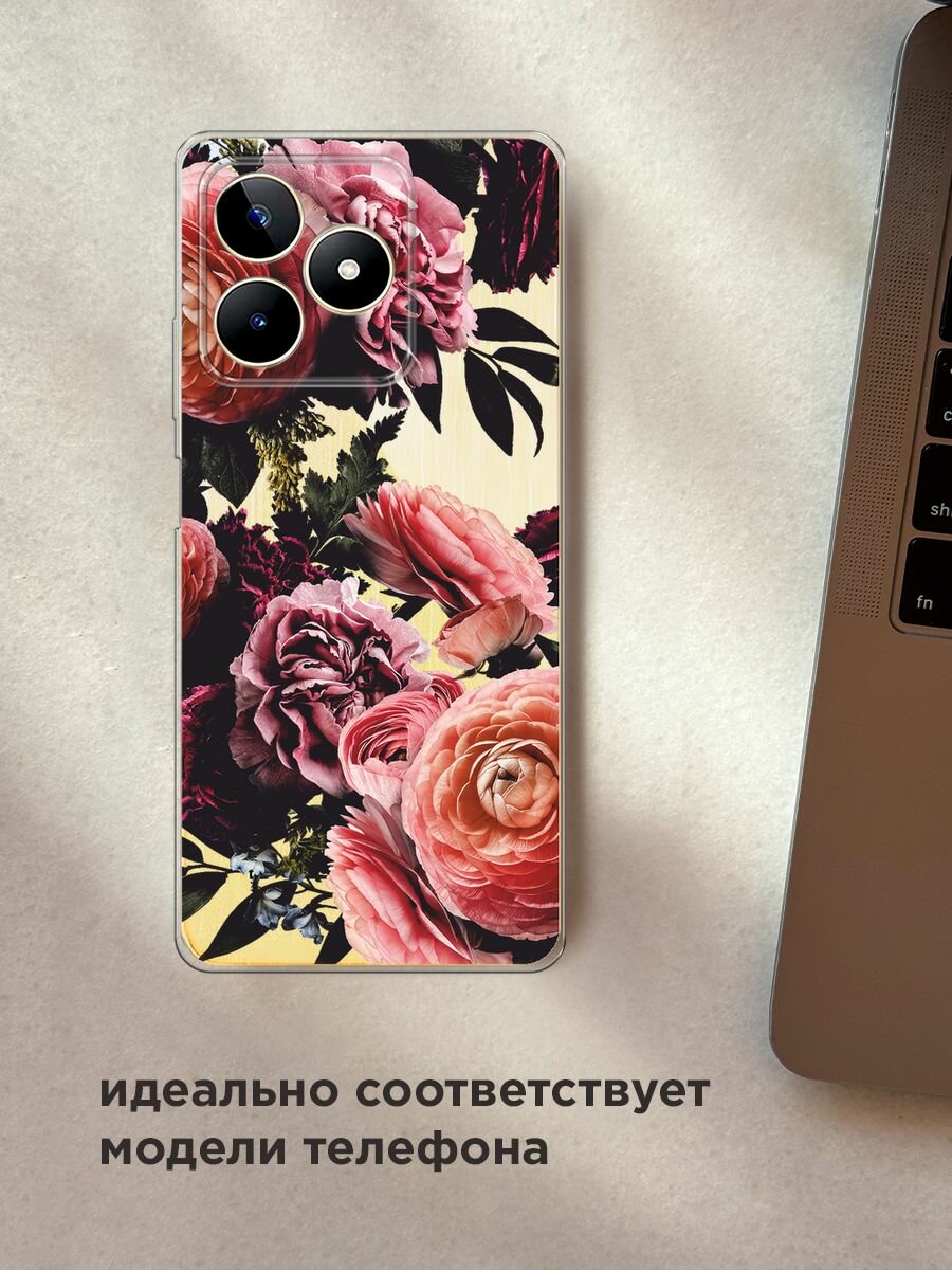 Чехол на Realme C53/C51 / Реалми С53/С51 с принтом "Бордовые винтажные цветы", прозрачный — фото 1