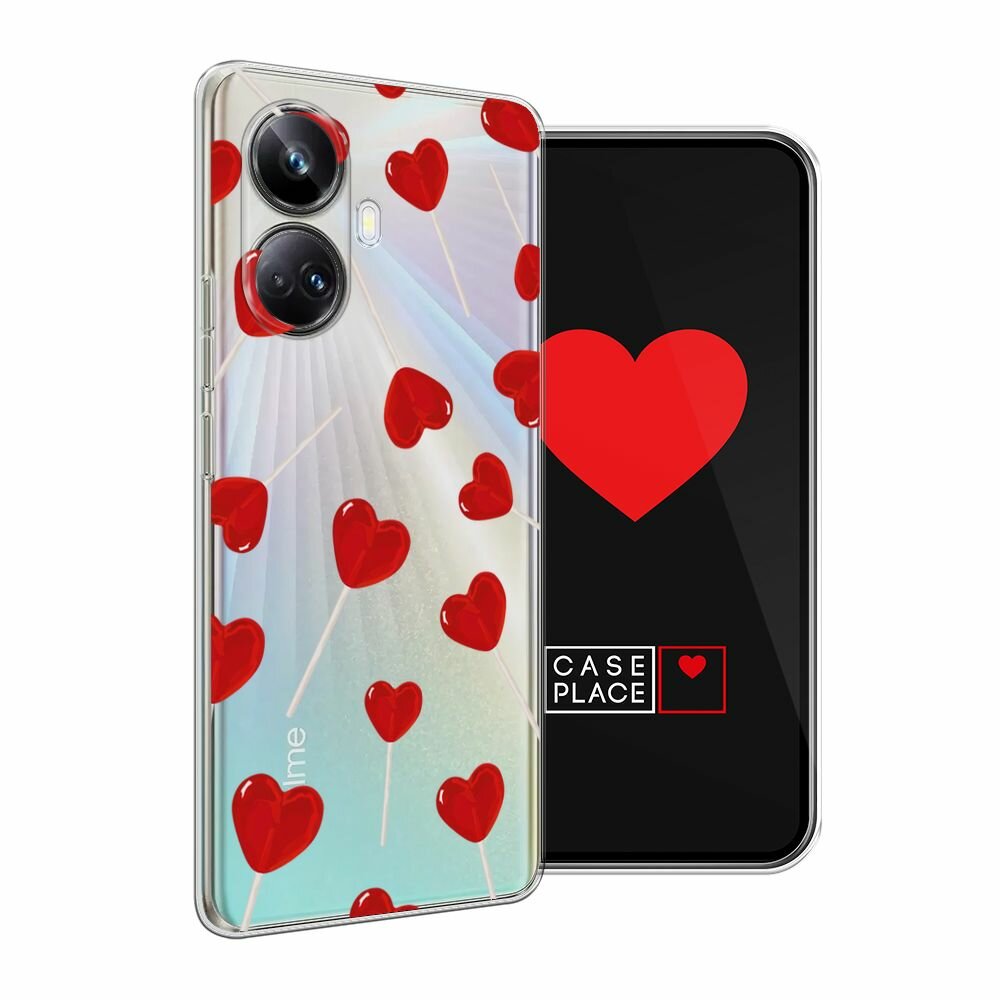 Чехол на Realme 10 Pro+ / Реалми 10 Про+ с принтом "Сердечки-леденцы 2 - 14 февраля", прозрачный — фото 1