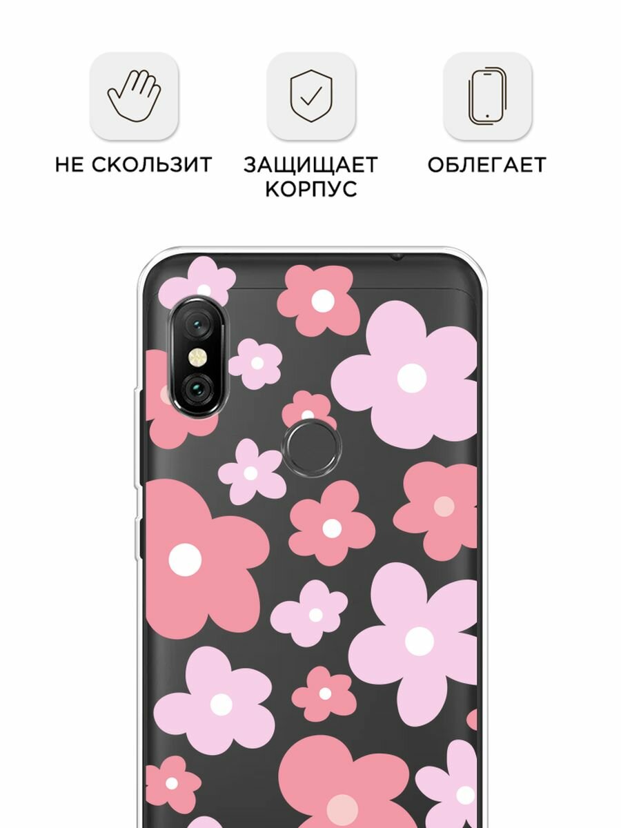 Чехол на Xiaomi Redmi Note 6 Pro / Сяоми Редми Нот 6 Про с принтом "Нежные розовые цветочки рисунок", прозрачный — фото 1