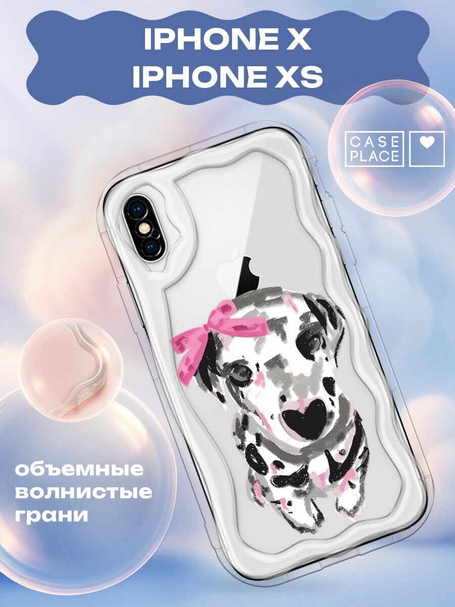 Чехол на Apple iPhone X/XS / Айфон 10/Айфон XS с принтом "Далматинец с бантиком 3"