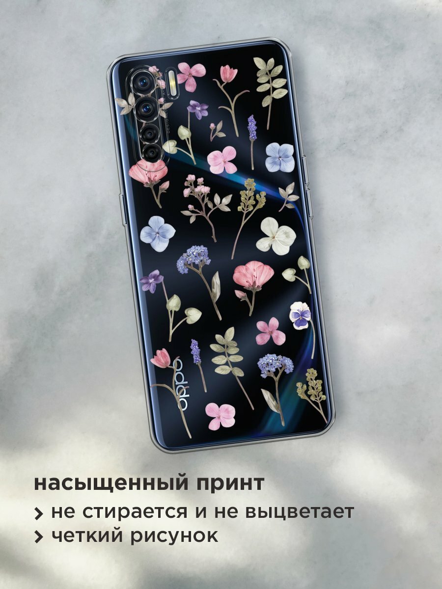 Чехол на Oppo A91/Reno 3 / Оппо A91/Рено 3 с принтом "Гербарий из полевых цветов", прозрачный — фото 1