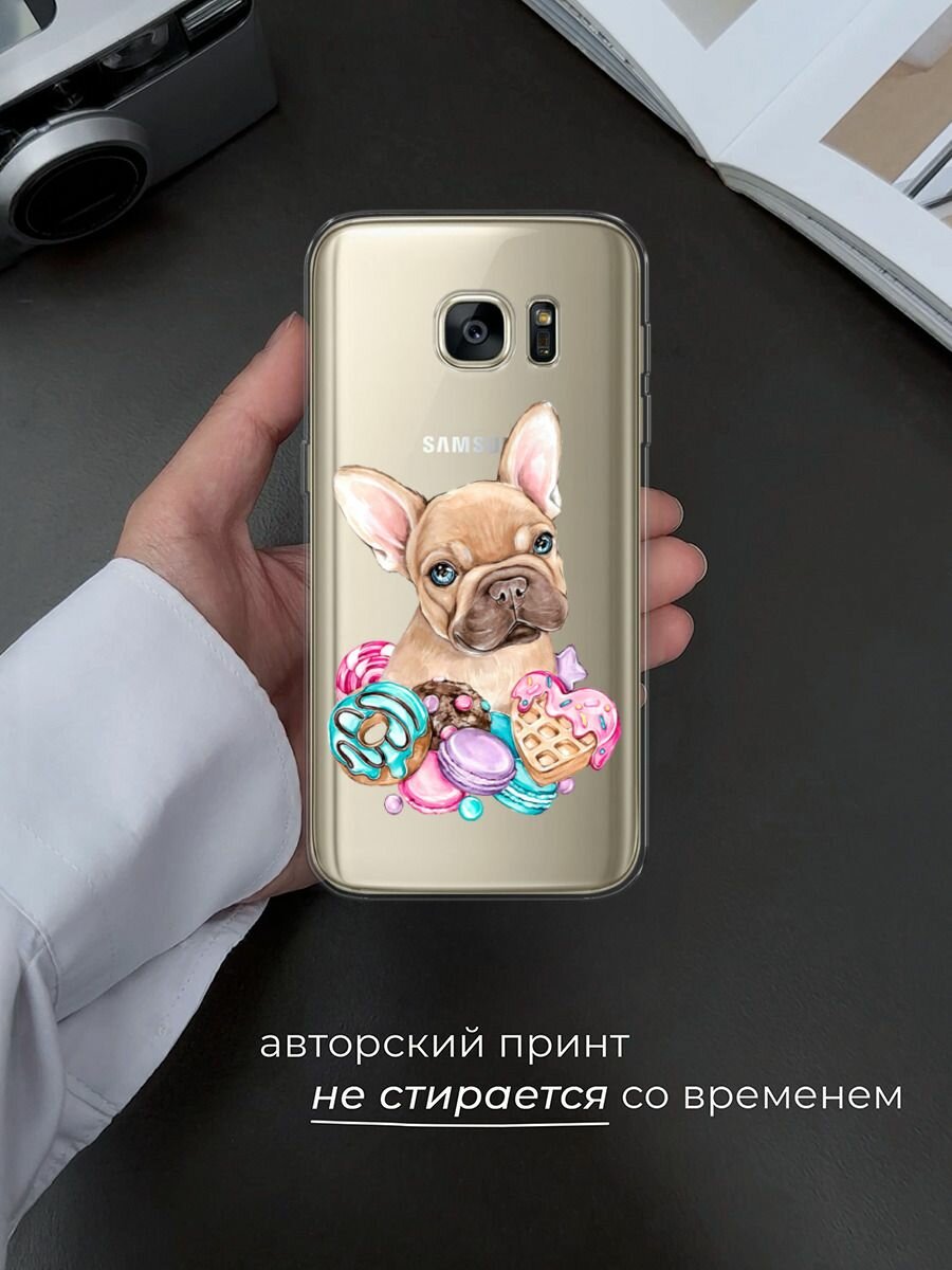 Чехол на Samsung Galaxy S7 / Самсунг Галакси С 7 с принтом "Бульдог и сладости", прозрачный — фото 1