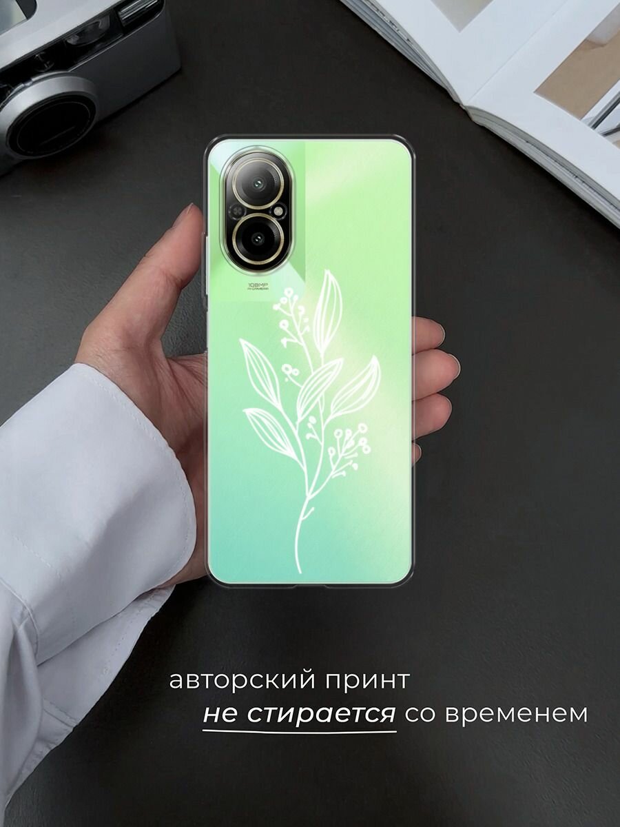 Чехол на Realme C67 4G / Реалми C67 4G с принтом "Ветка с листочками и цветами", прозрачный — фото 1