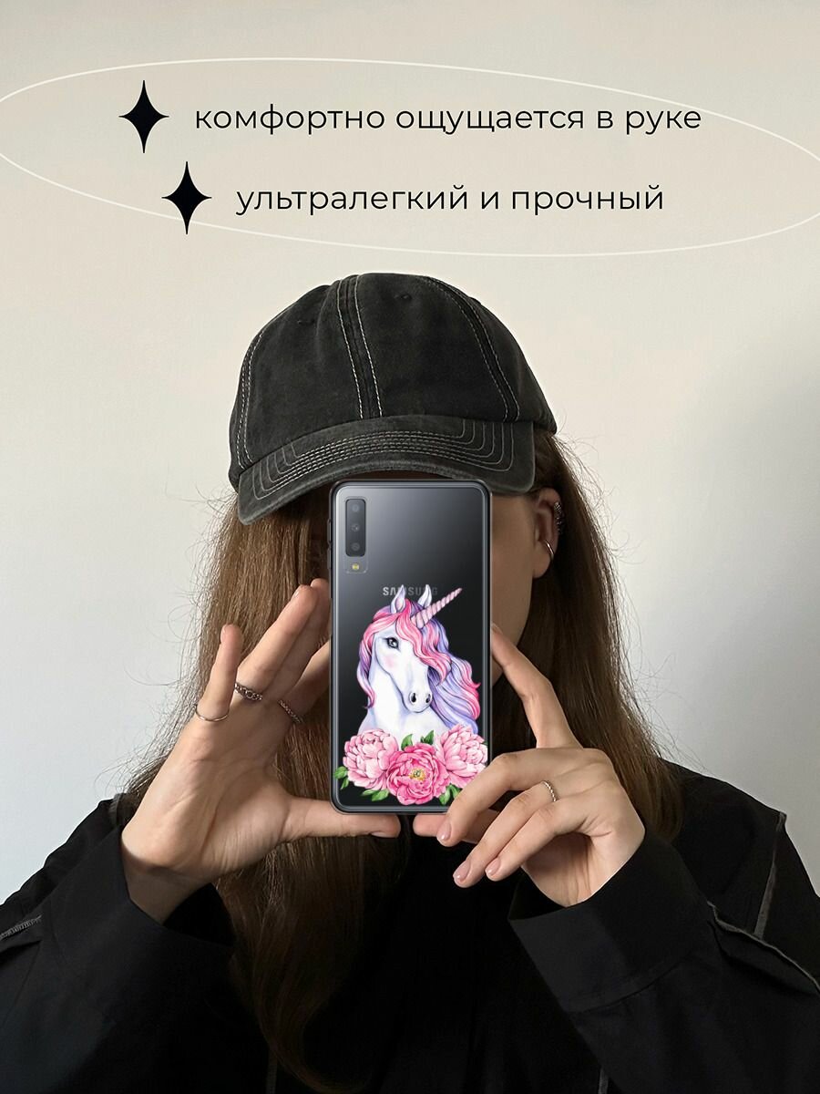 Чехол на Samsung Galaxy A7 2018 / Самсунг Галакси А7 2018 с принтом "Единорог с пионами", прозрачный — фото 1