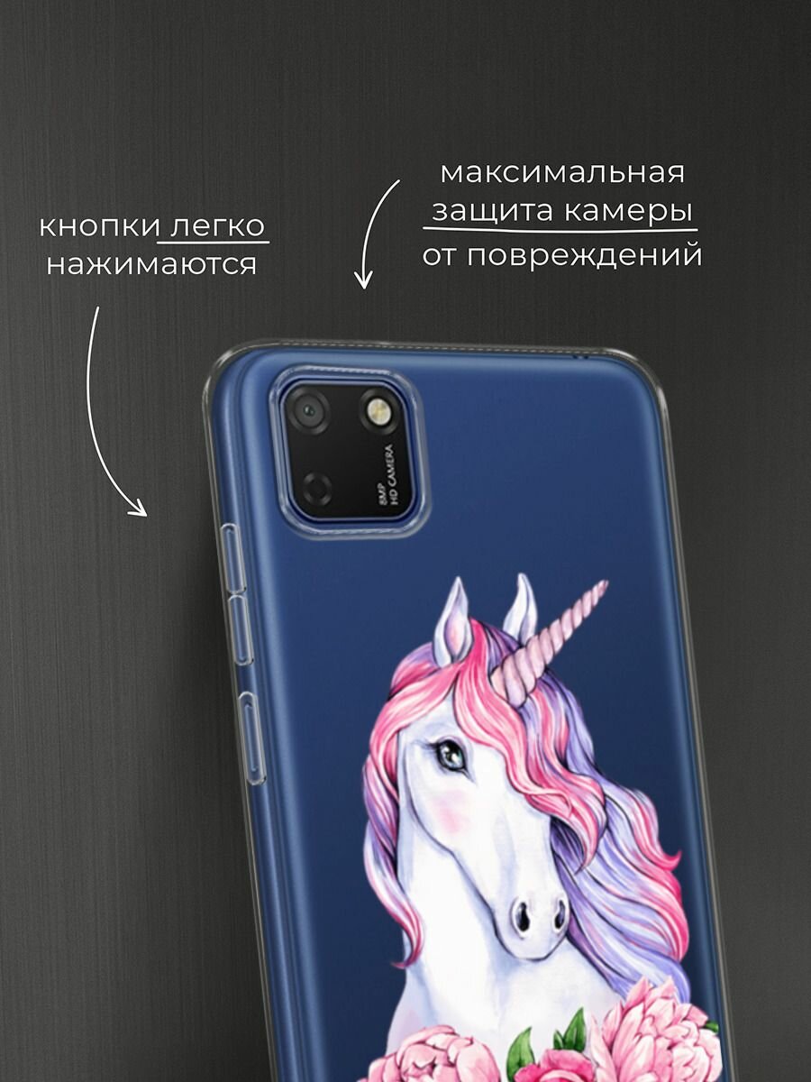 Чехол на Honor 9S/Huawei Y5p / Хонор 9S/Хуавей Y5p с принтом "Единорог с пионами", прозрачный — фото 1
