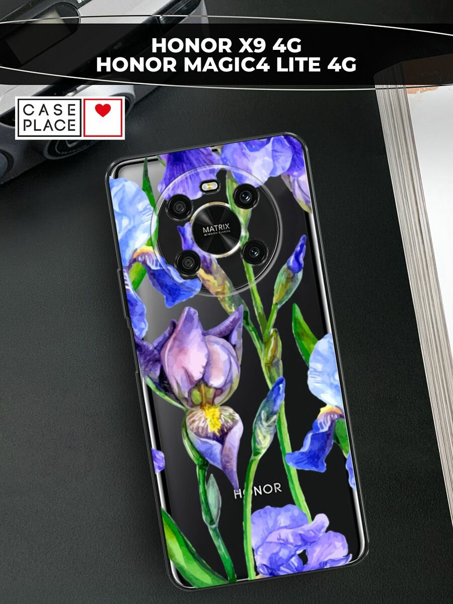 Чехол на Honor X9 4G/Magic4 Lite 4G / Хонор X9 4G/Мэджик 4 Лайт 4G с принтом "Синие ирисы", прозрачный