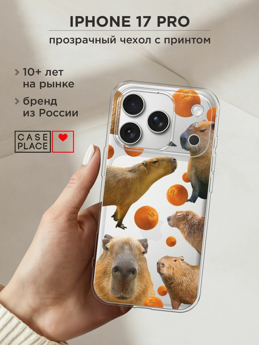 Чехол на Apple iPhone 17 Pro / Айфон 17 Про с принтом "Капибара и апельсины", прозрачный