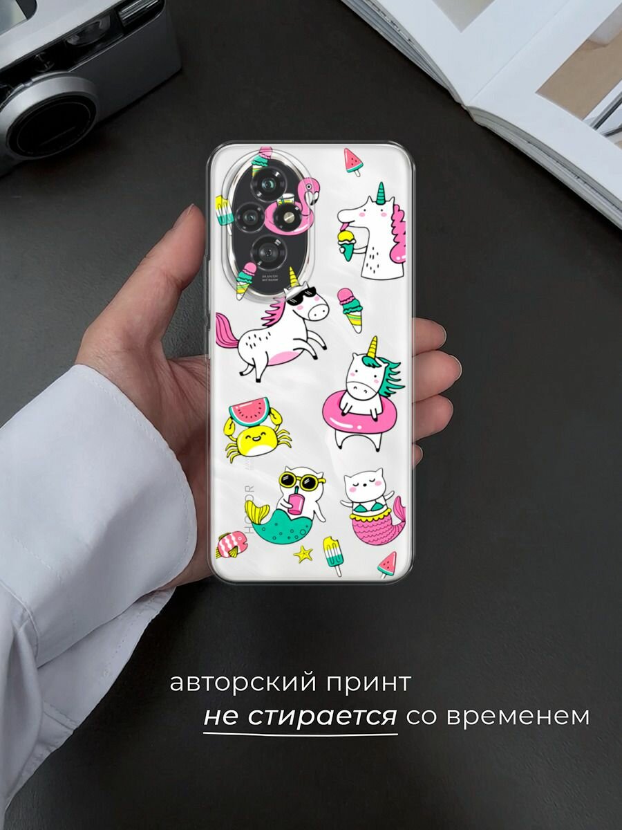 Чехол на Honor 200 / Хонор 200 с принтом "Единороги в отпуске", прозрачный — фото 1