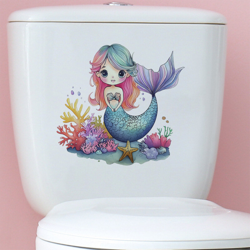 Наклейка на стену с изображением мультяшной русалки для ванной комнаты, милый декор для ванной комнаты из ПВХ с изображением кораллового моря, самоклеящаяся наклейка с изображением русалки для детской комнаты, детской комнаты или дома, водонепроницае