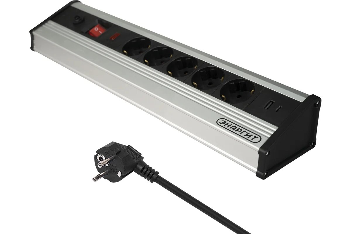 Энаргит сетевой фильтр настольный Premium Silver, кабель 3x2,5 мм², 5 розеток, USB-A + USB-C