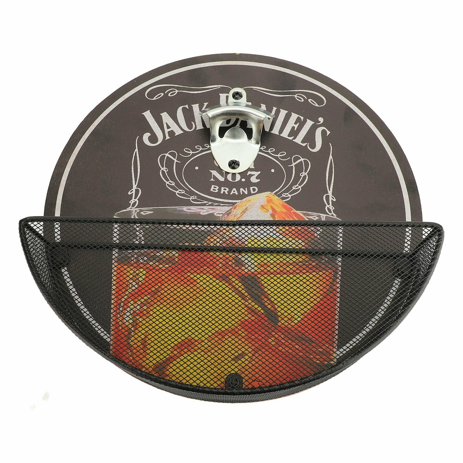 Настенный открывалка для бутылок с корзиной для хранения, круглая деревянная панель, металлический винтажный декор для баров и дома, диаметр 32 см