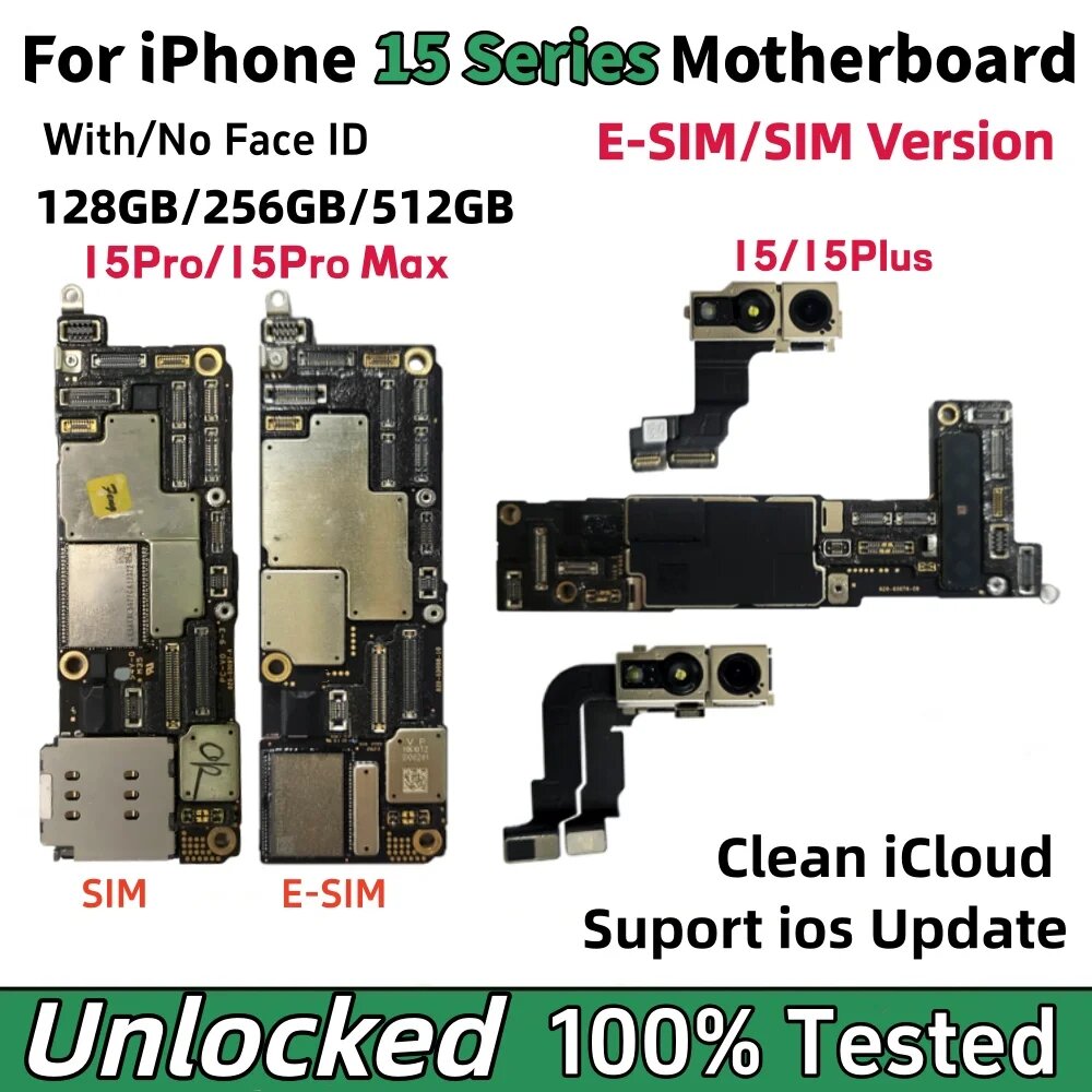 Разблокированная подлинная материнская плата для iPhone 15 Pro Max 15 Plus с лицевым идентификатором, чистая логическая плата iCloud, немодифицированная замена материнской платы SIM 15PMax 256G Face
