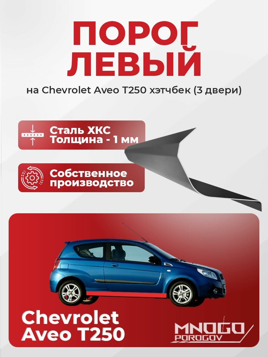 Левый порог на Chevrolet Aveo T250 2006-2012 хетчбэк 3 двери , холоднокатаная сталь, толщина 1 мм ( Шевроле Авео), левая сторона, кузовной ремонт.
