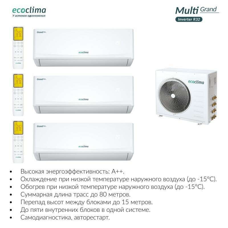 Мульти сплит система инвертор на 3 комнаты Ecoclima Ecoclima CM3-TC27/4R2 + CMWM-TC07*2/TC12 (75м2)