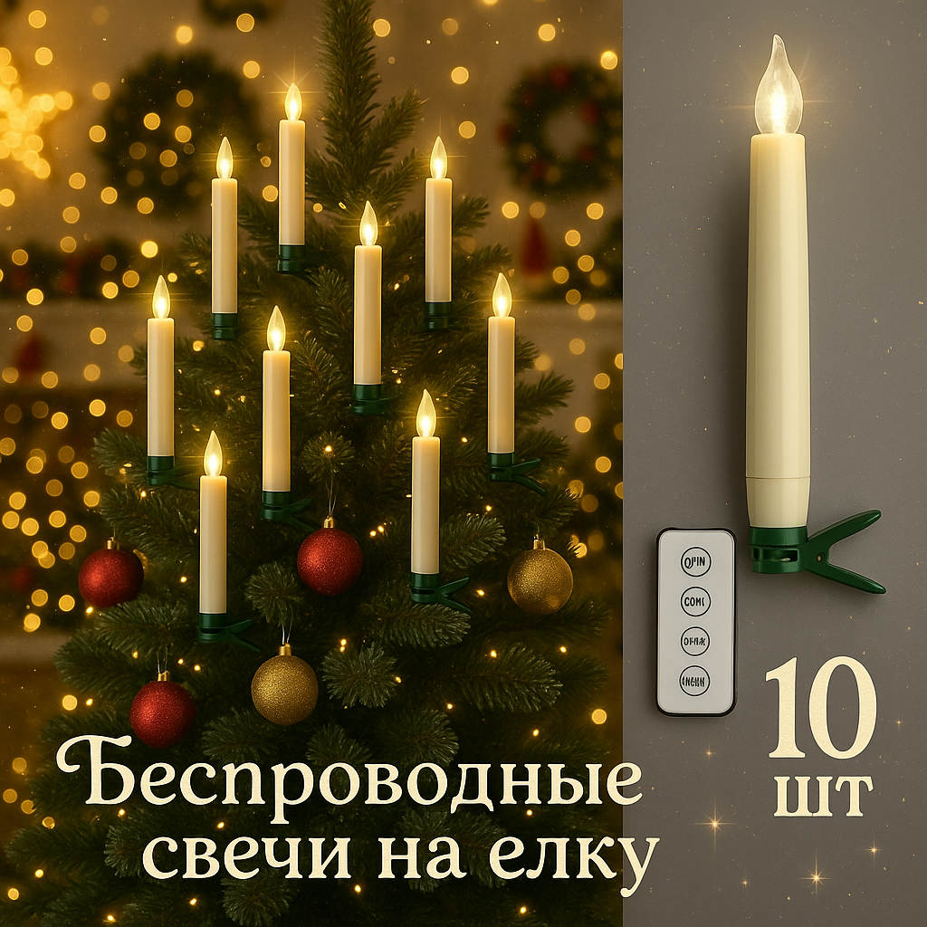 Светодиодная гирлянда Свечи 10 шт. / Свечи на прищепках на елку / Теплый белый свет на зеленом проводе