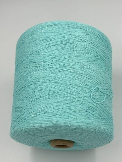 Пряжа Пайетки 3мм на хлопке (раффинато) 1153-1 зеленая бирюза с прозрачными пайетками. т7д (200г)
