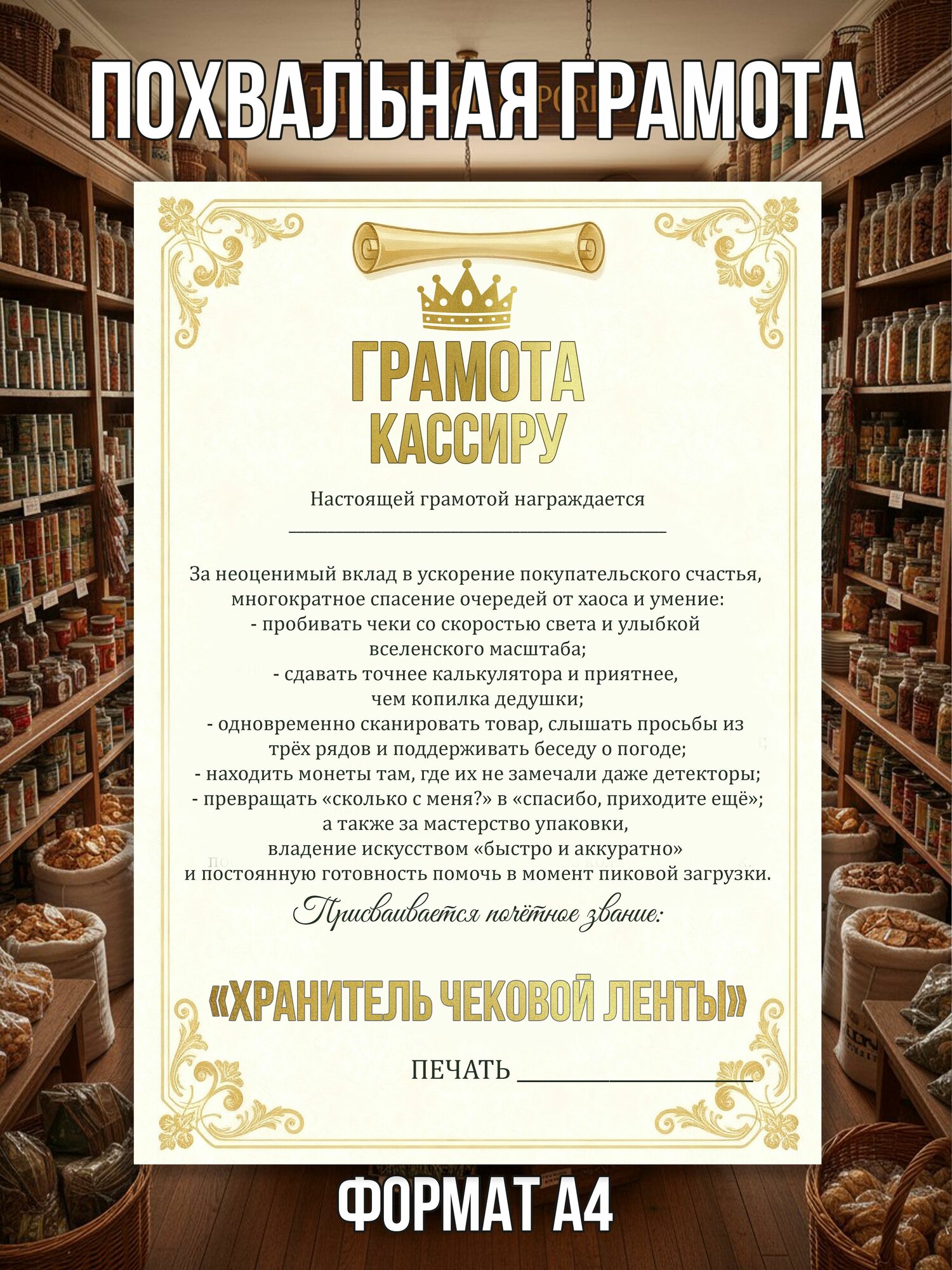 Похвальная грамота кассиру А4