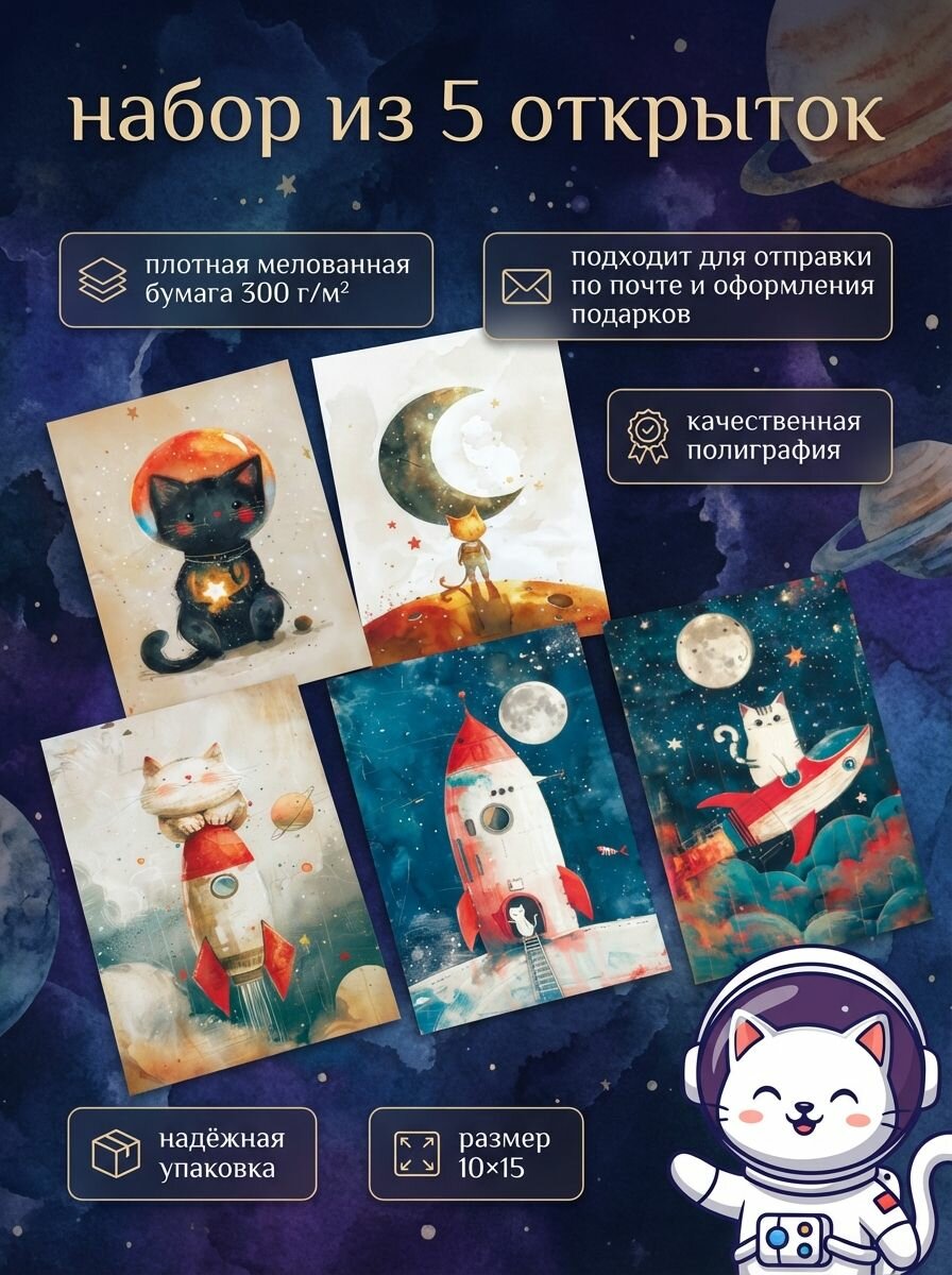 Открытки "Котонавты на орбите": космический посткроссинг (5 шт.)