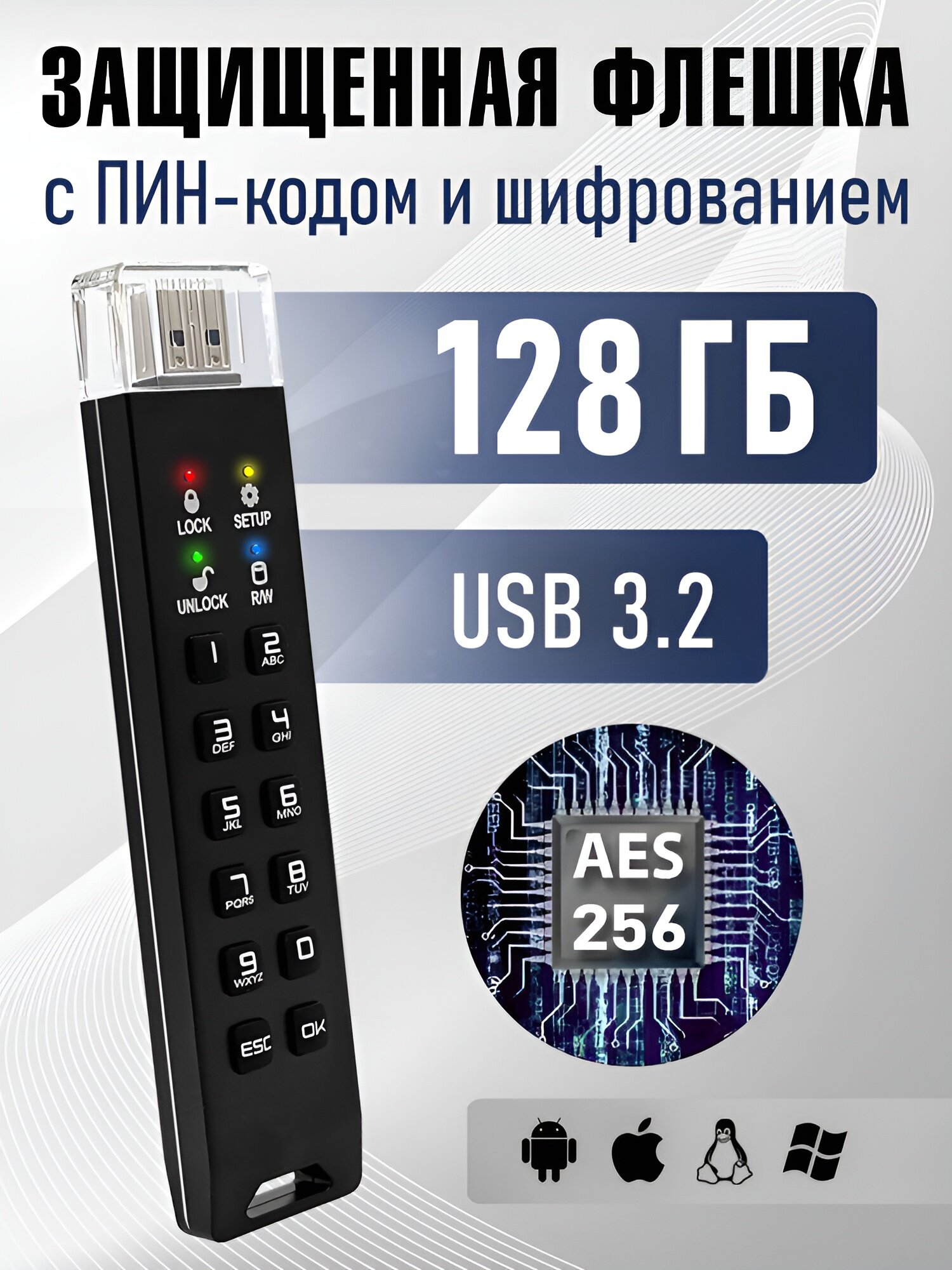 Флешка с аппаратным шифрованием и Пин-кодом DataLock PRO4 128 Gb USB 3.1