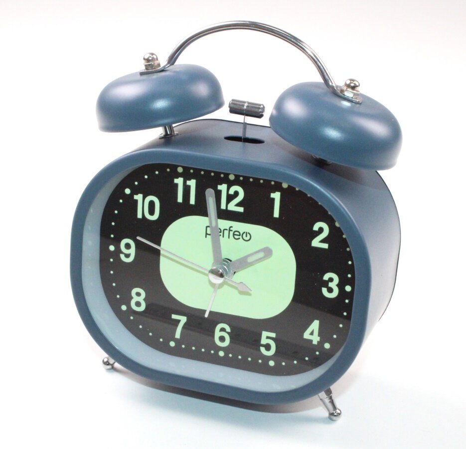Часы-будильник PERFEO Quartz PF-TC-025, колокольчик, овальные, с подсветкой, серые (PF-E1976)