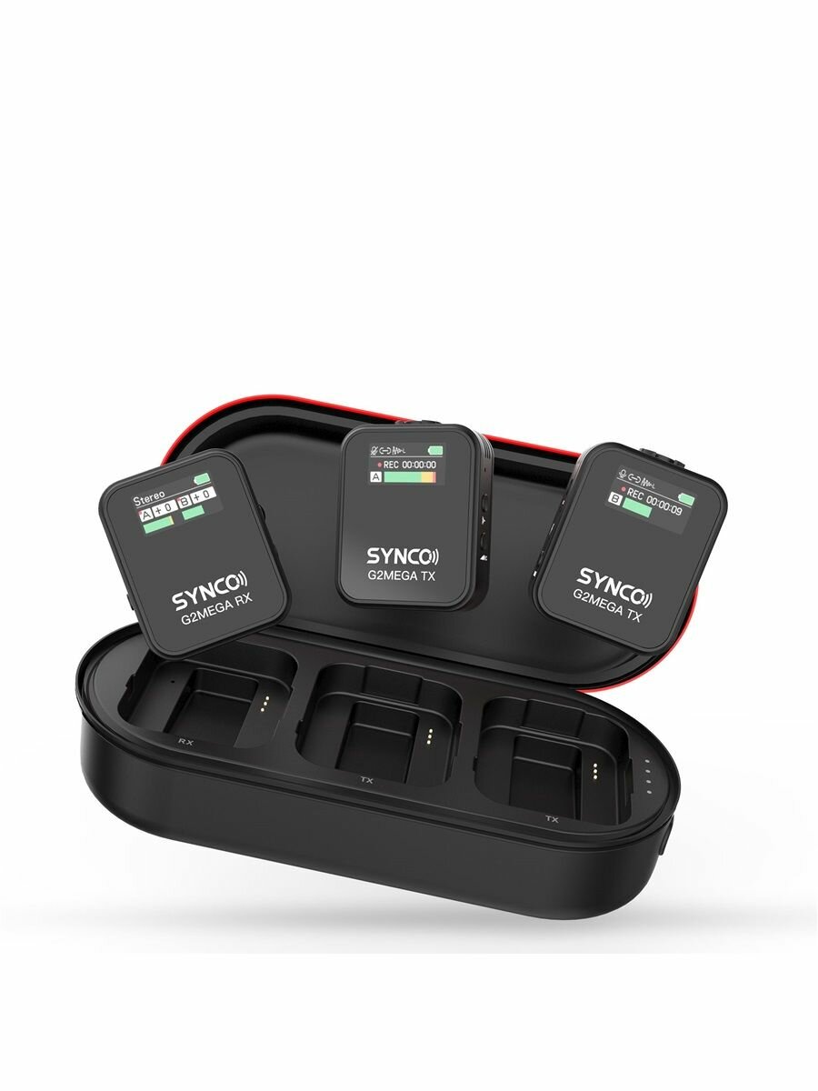 SYNCO G2A2 MEGA, микрофон беспроводной петличный для фотоаппарата, телефона, компьютера (2 передатчика с памятью, 1 приемник, дисплей, зарядный футляр)