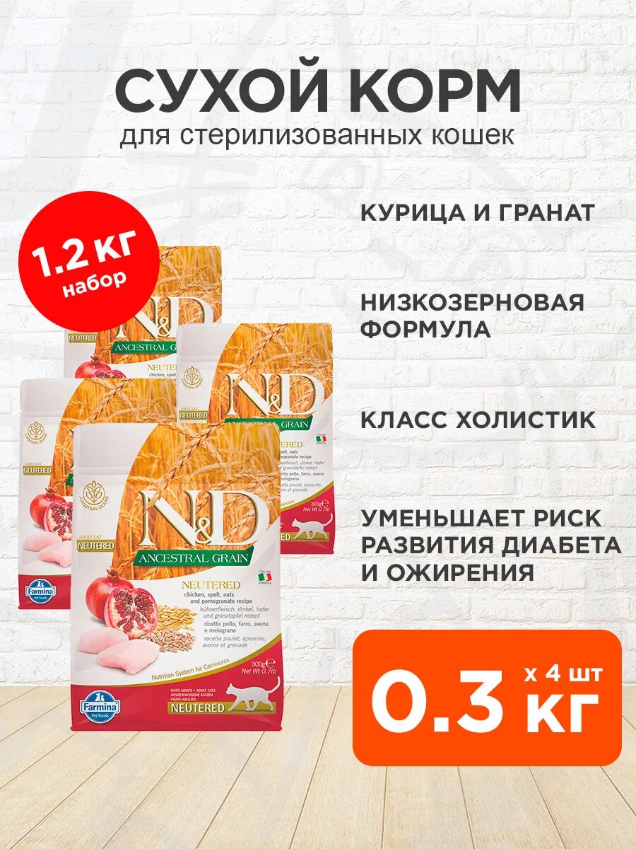 Корм сухой Farmina Cat N&D Ancestral Grain Neutered Chicken & Pomegranate для стерилизованных кошек курица, 0,3кг х 4шт