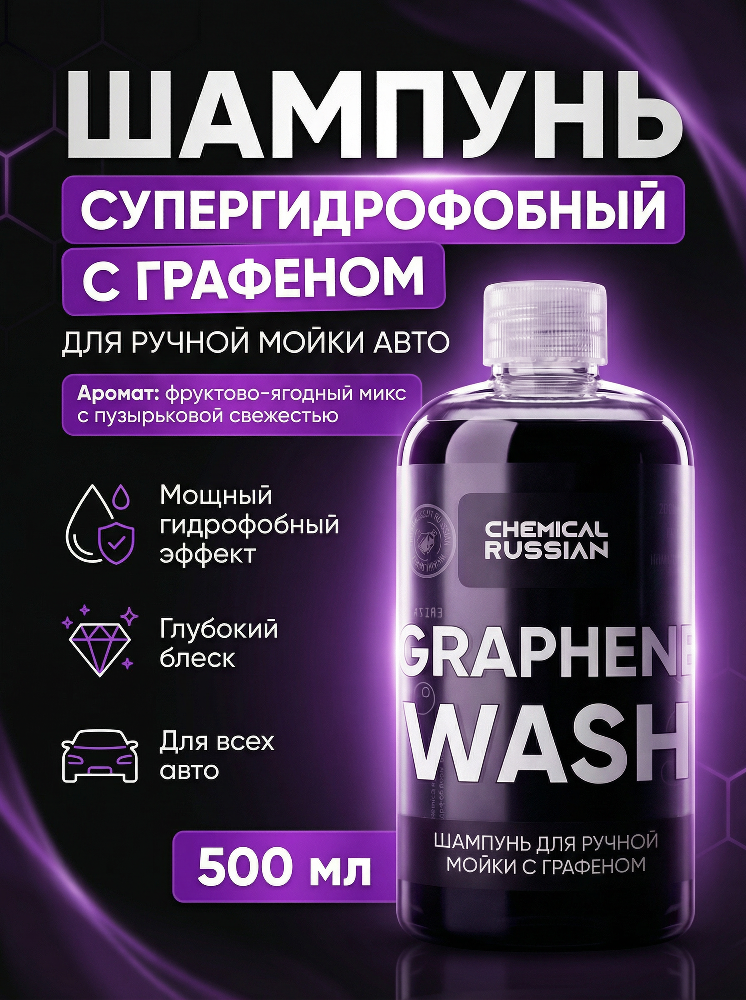 Шампунь для мойки авто - Graphene Wash, 500 мл, Chemical Russian, автошампунь для ручной мойки с графеном
