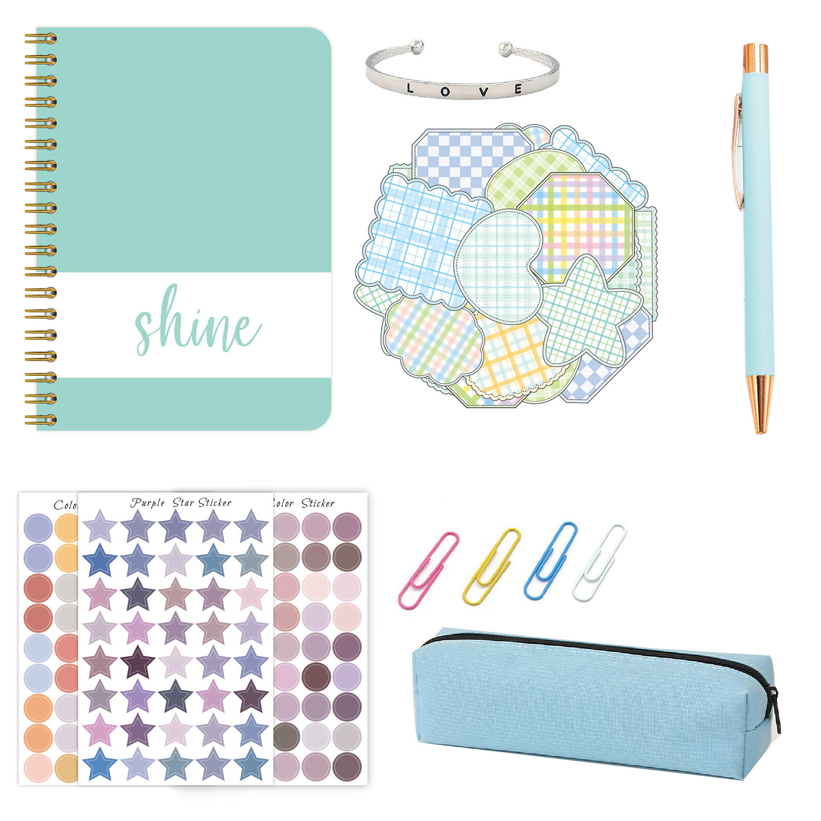 Набор для творчества DIY Journal Kit Planner Notebook Scrapbook & Diary Supplies Set, включающий блокнот (70 листов), 100 розовых листовок, нейтральную ручку, 100 стикеров, пенал, 4 скрепки, браслет, цвета: Розовый, Желтый, Зеленый, Фиолетовый (по