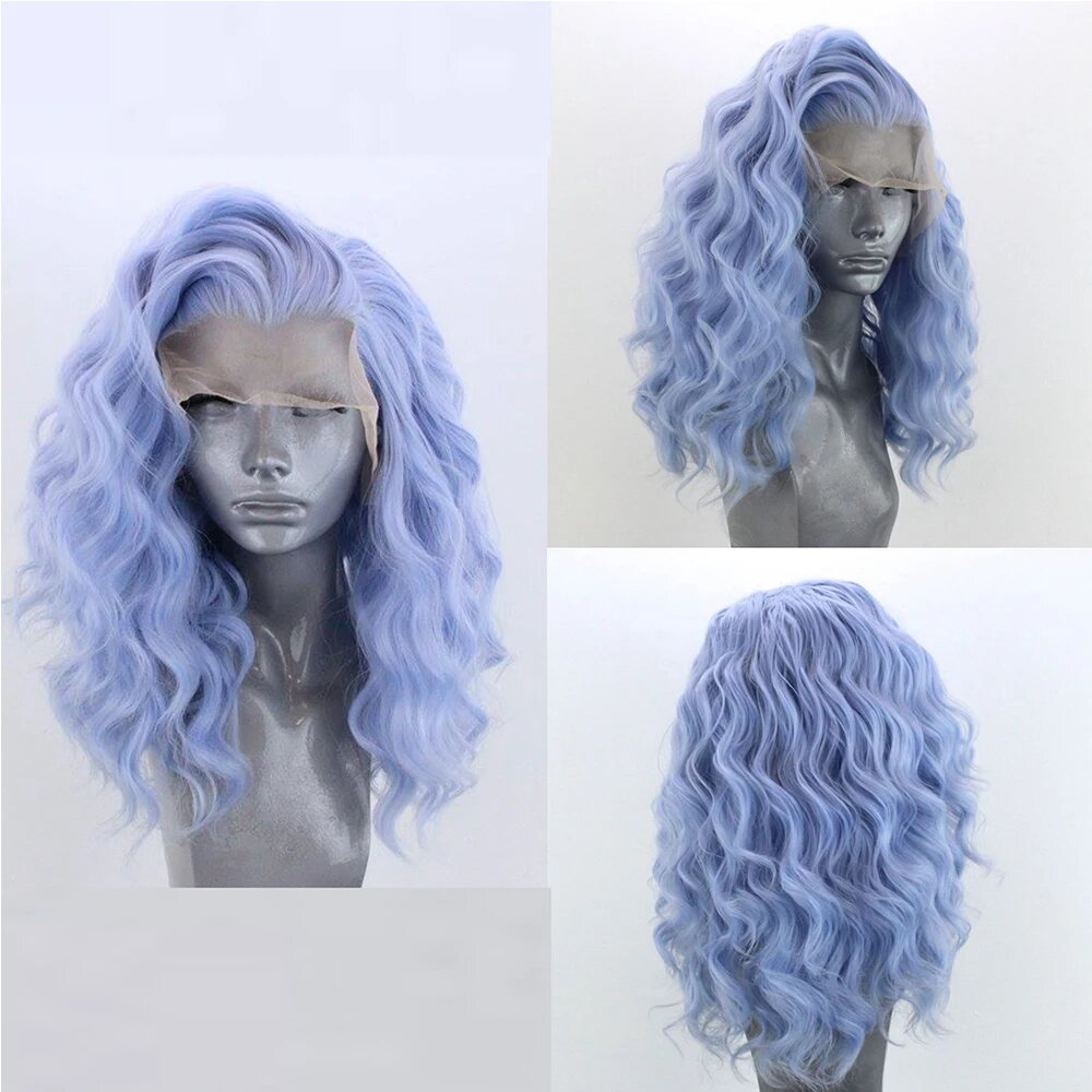Голубой Волнистый Боб, Синтетический Парик Спереди, Для Женщин, Свободная Волна, Короткие Волосы, Косплей