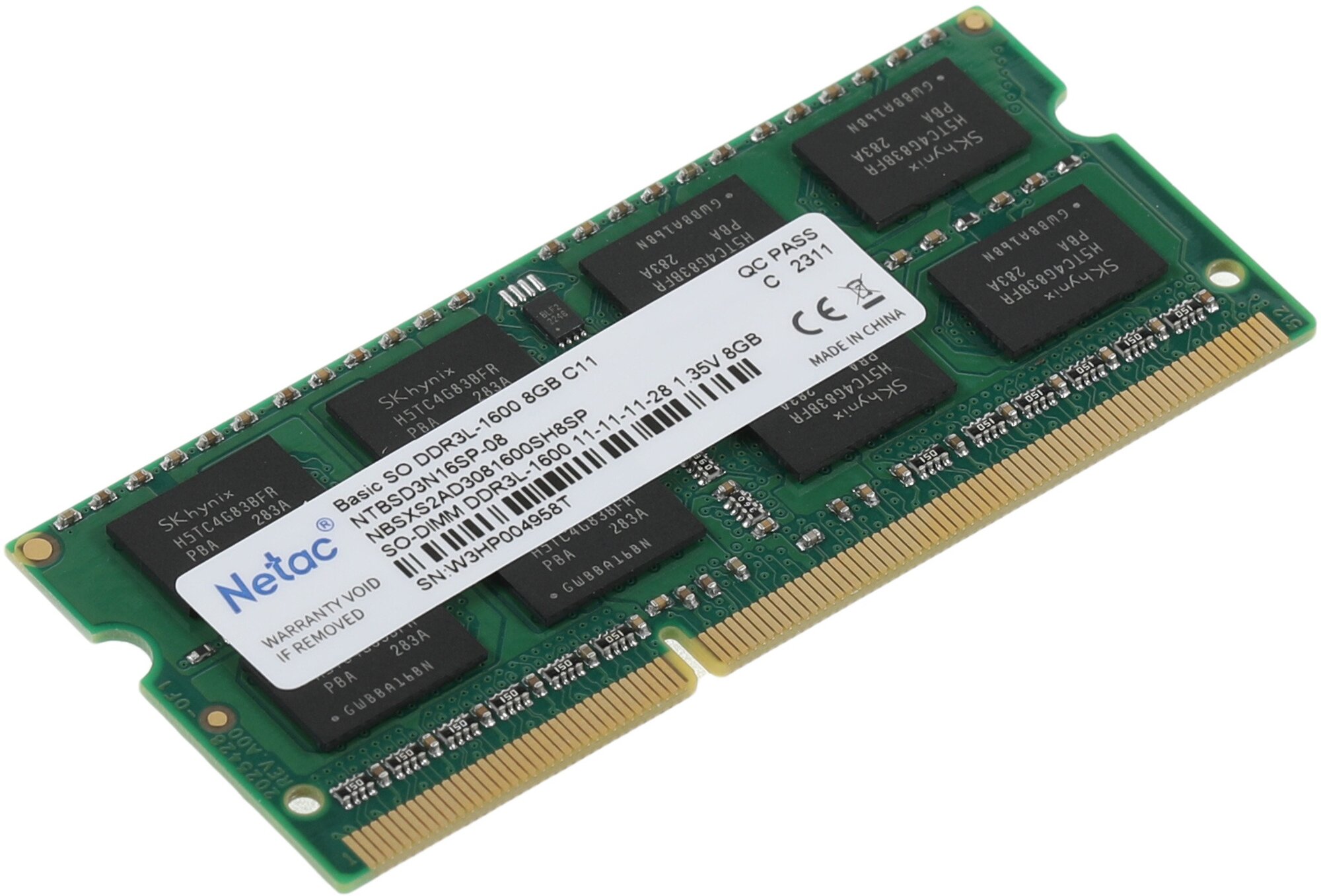 Оперативная память Netac Basic DDR3L - 8GB, 1600 МГц, SO-DIMM, CL11, RTL (ntbsd3n16sp-08)