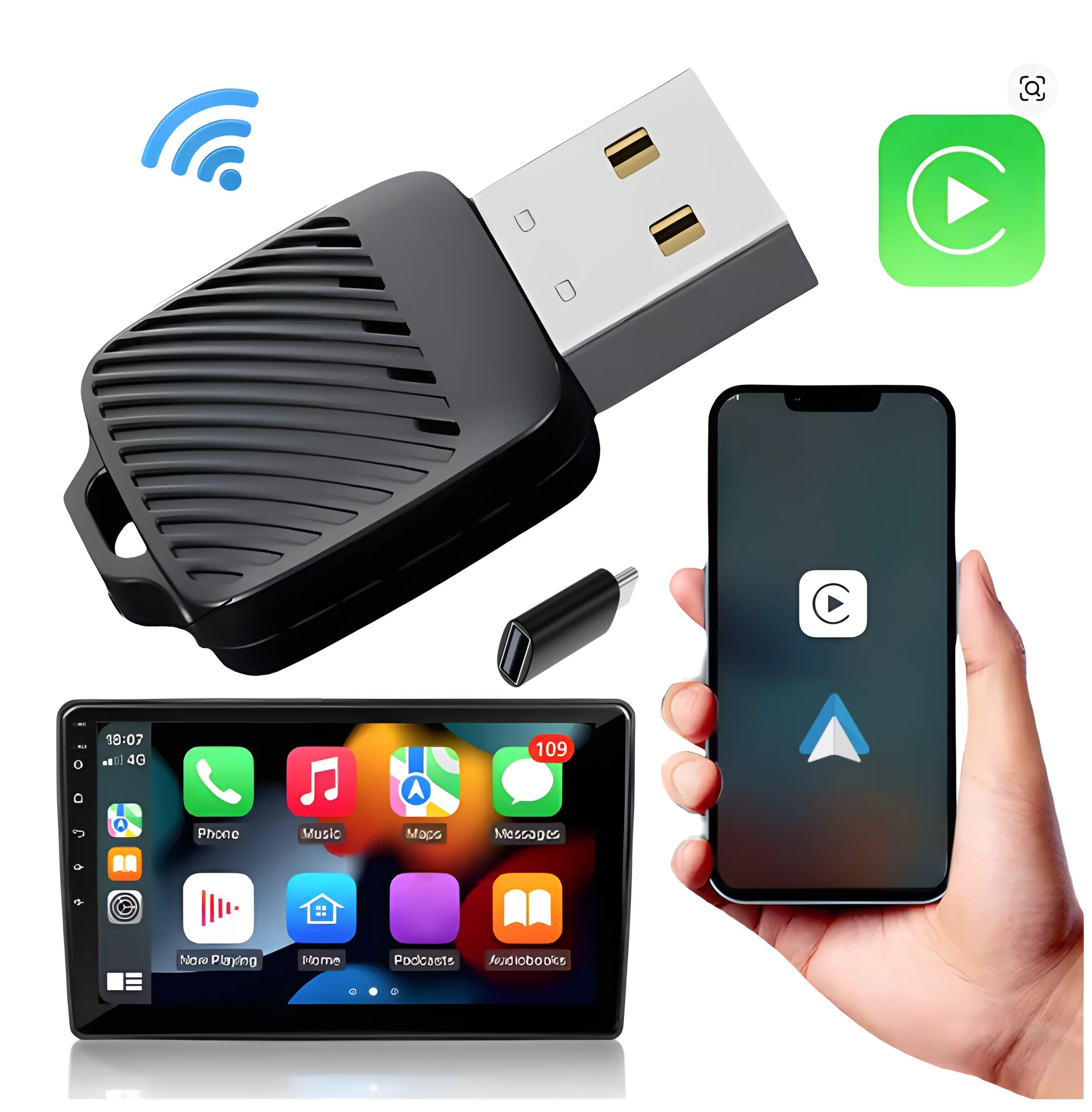 Беспроводной адаптер 2-в-1 Mini — проводной адаптер CarPlay и поддержка Android Auto Plug & Play и USB-A/C (2016+ автомобилей)