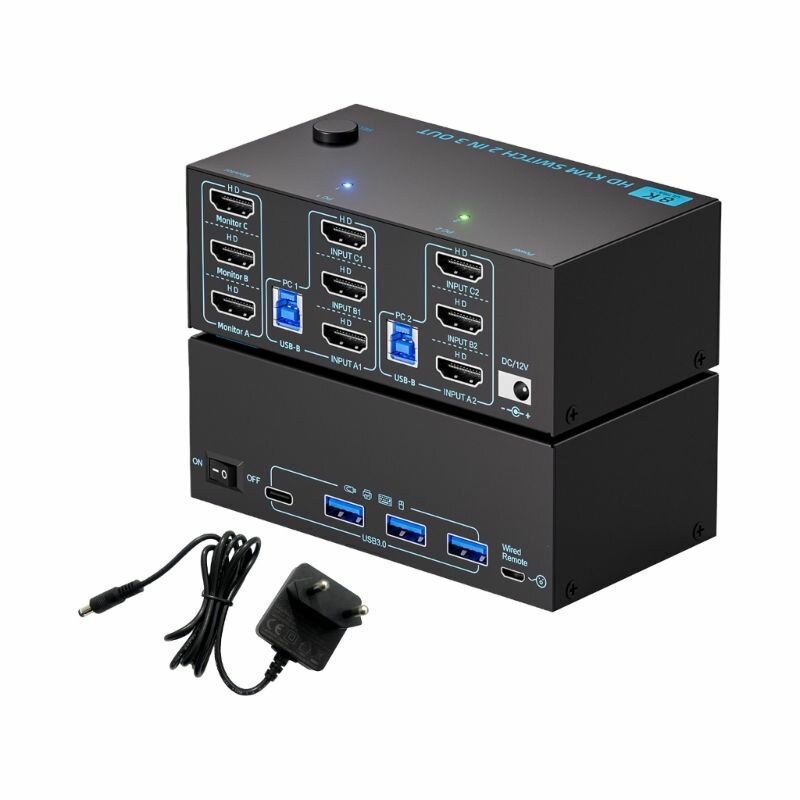 KVM-переключатель (3 входа, 3 выхода, 8K, USB 3.0), европейская вилка