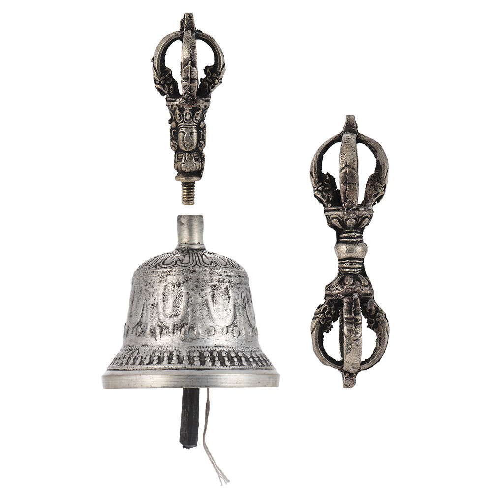 Колокольчик для медитации тибетского буддийского храма, ручной работы, с Ваджрой-Дордже – инструмент для буддийской практики, высота колокольчика 14 см, диаметр 7,5 см, высота Дордже 10 см, вес изделия 426 г, комплект из 1 колокольчика и 1 Дордже