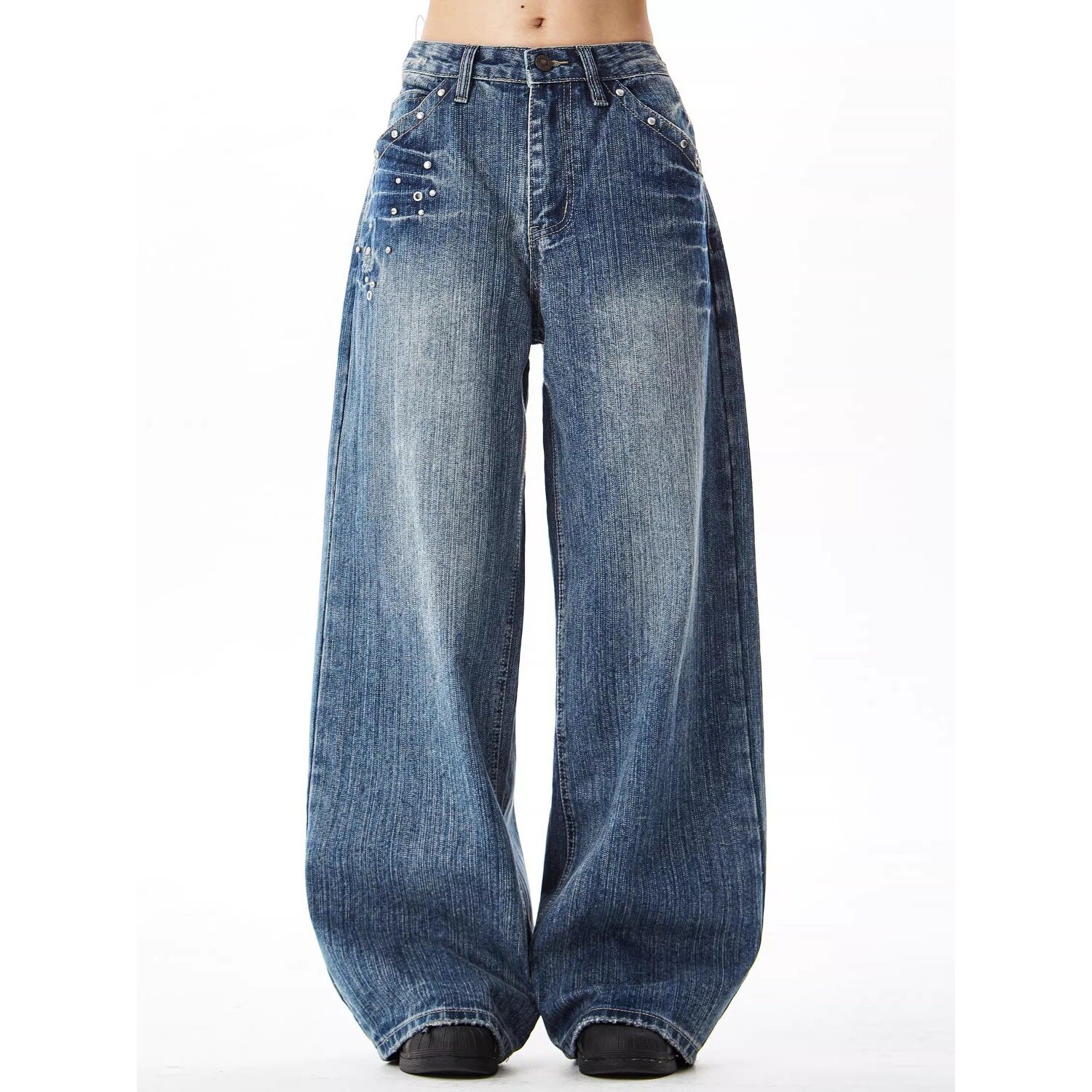JYL Джинсы Парные Винтажные Молния Горячие Дрели Кроп Широкие Ноги Деним, Размер_XL