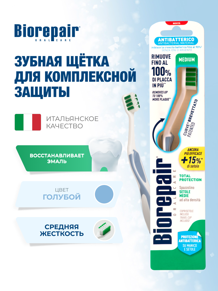 Зубная щетка Biorepair CURVE Protezione Totale средней жесткости, голубая