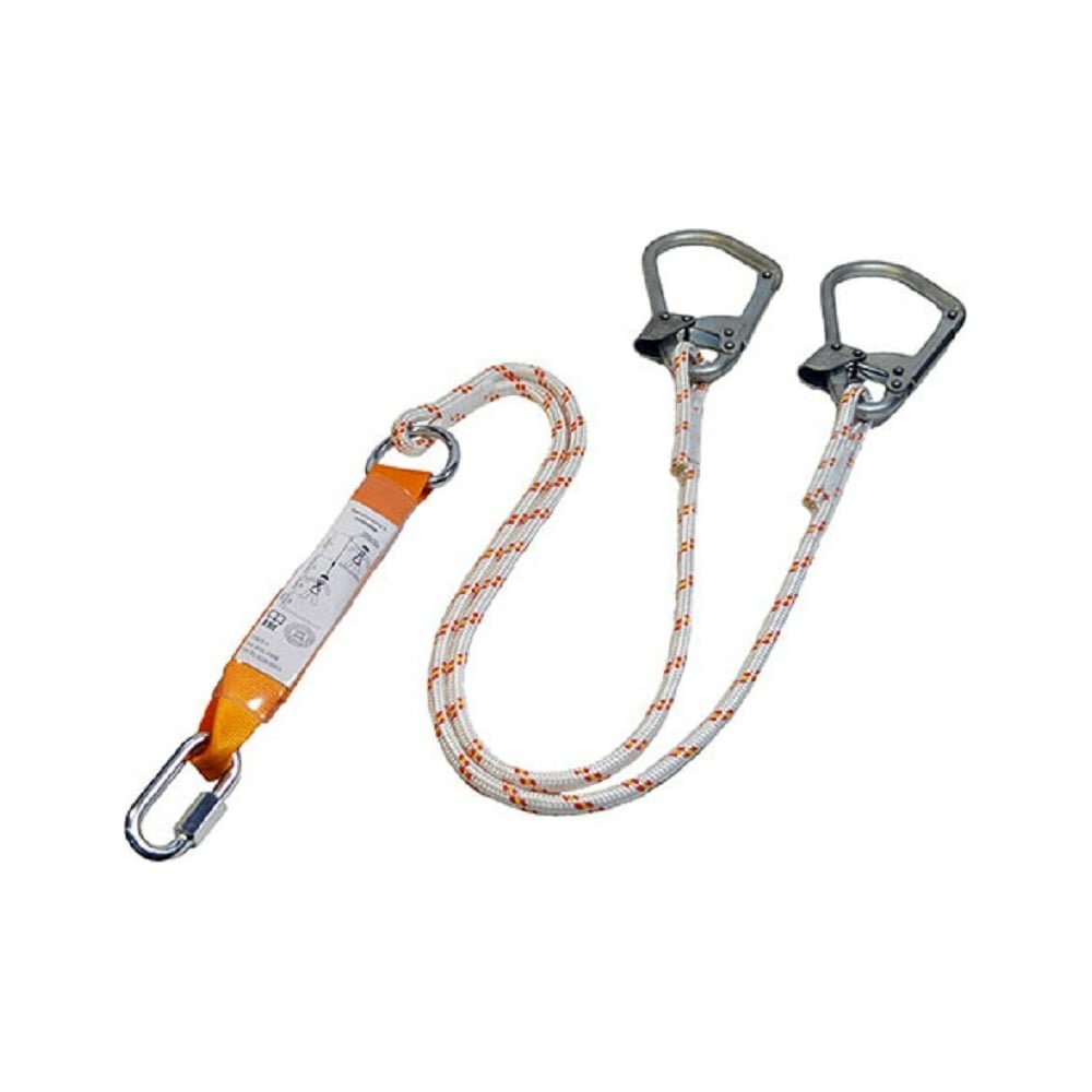 Двойной строп из каната с амортизатором, с двумя большими монтажными и одним соединительным карабином прогресс сефети Строп аВд+Кс исп.3