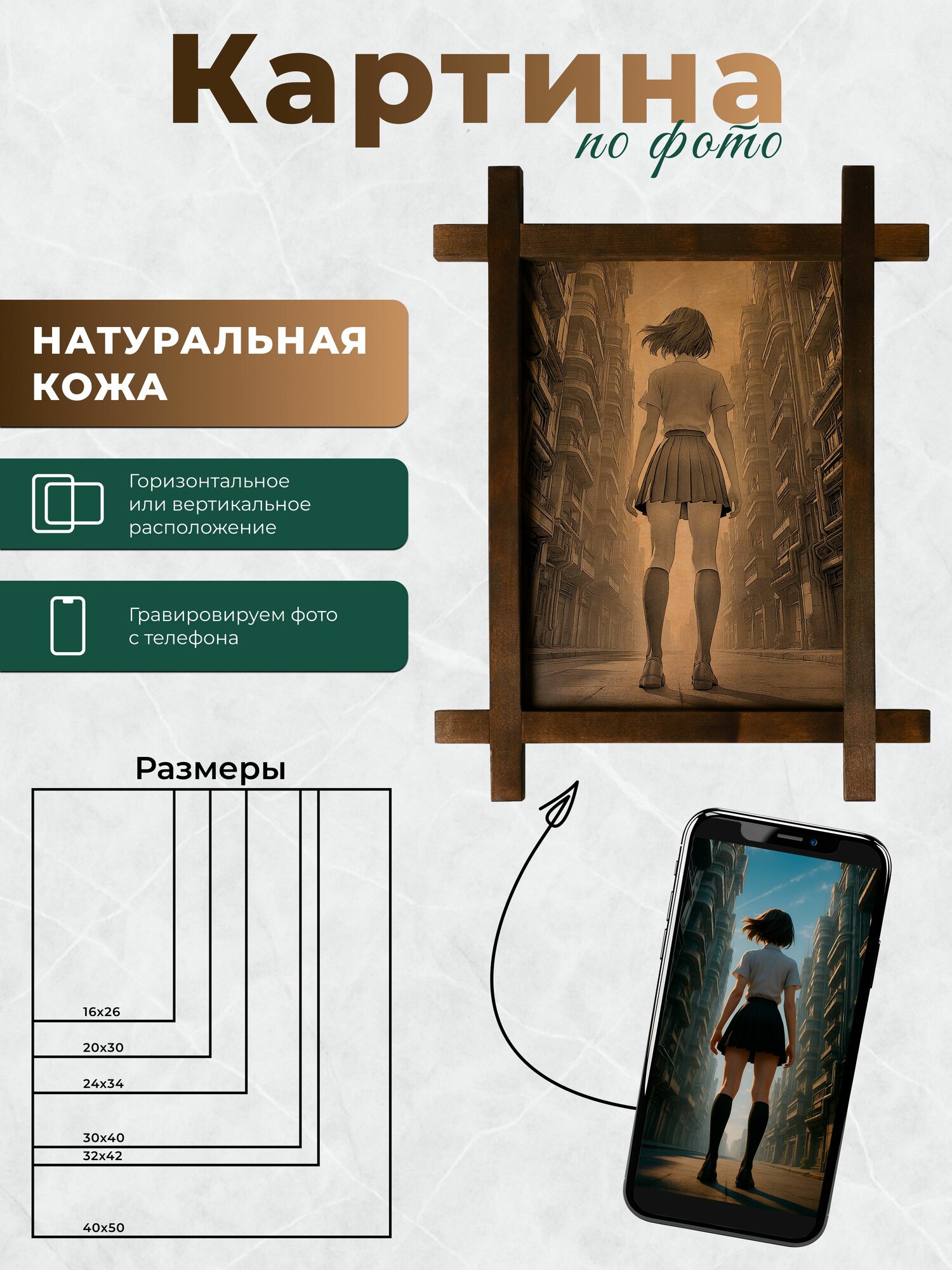 Картина по фото BoomGift с гравировкой на натуральной коже