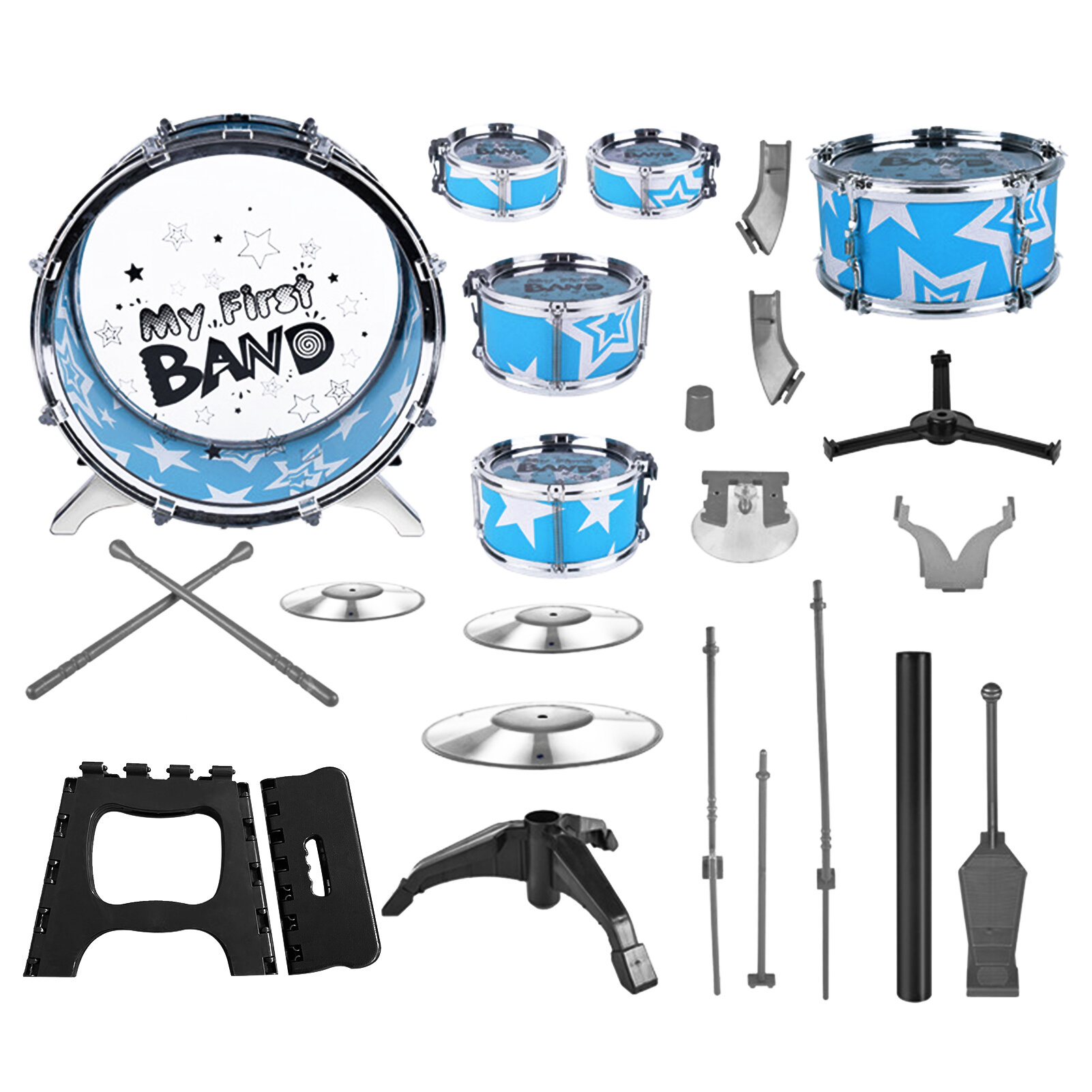 Детский барабанный набор из 6 предметов в джазовом стиле со складной подставкой, тарелкой, педалью, барабанными палочками и другими ударными инструментами для детей и начинающих.