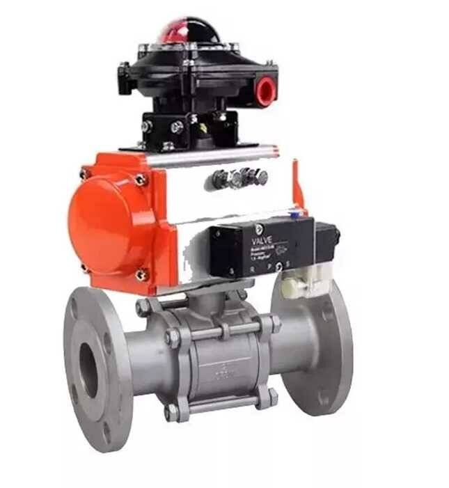 Кран шаровой DN.ru кшфпт 304.180 Ду50 Ру40 фланцевый, полнопроходной, трехсоставной, корпус - нержавеющая сталь 304, уплотнение - PTFE, с пневмоприводом DA-065, пневмораспределителем PND1-S2EM-52-2-T10-220VAC и БКВ LSB-210-02NM12-220/24 (опрессовано)