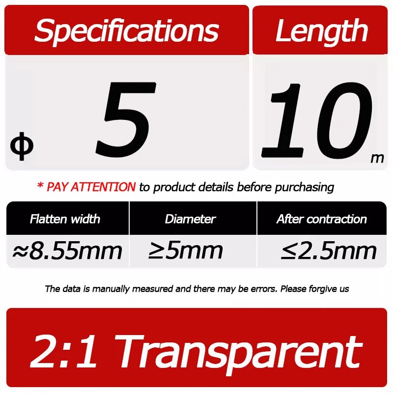 10 метров/лот термоусадочная трубка 2:1, прозрачная прозрачная трубка, термоусадочная пленка, кабельная муфта 1–60 мм, провод