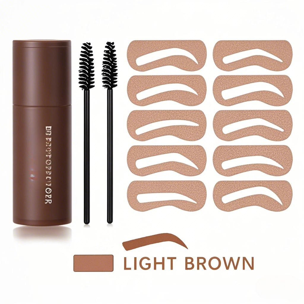 Набор для оформления бровей One Step Eyebrow Stamp Shaping Kit с 10 многоразовыми трафаретами, 2 ручками-кистями, стойкий, регулируемый, цвет: Светло-коричневый, Натурально-коричневый, Темно-коричневый (Выбор), размер упаковки 9.5*4.5*2.8см, вес 38г