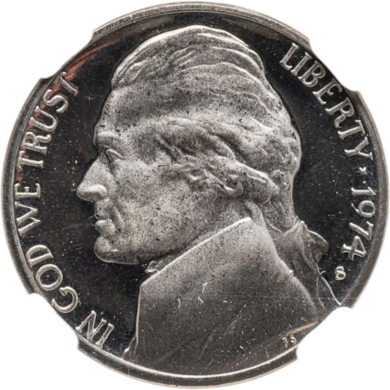 США 5 центов cents 1974 S "Jefferson Nickel Джефферсон" в слабе DNC PF66, Мельхиор медь-никель