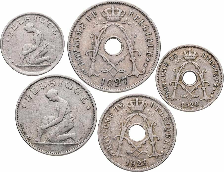 Бельгия набор из 5 монет 1920-1932, надпись "BELGIQUE", Мельхиор, Никель, в сохранности VF-XF