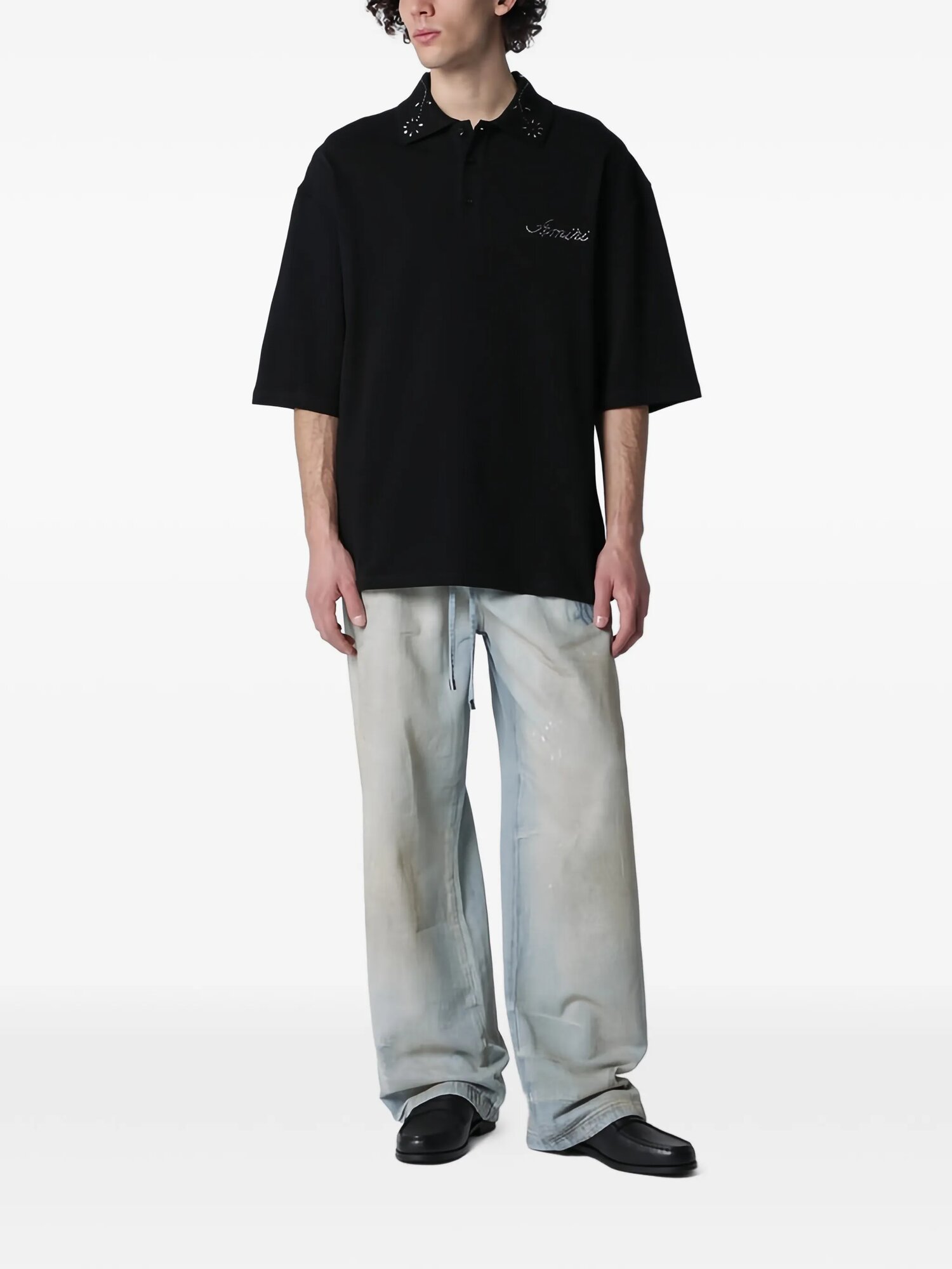 Рубашка AMIRI Stud-collar polo shirt, размер 48, черный — фото 1