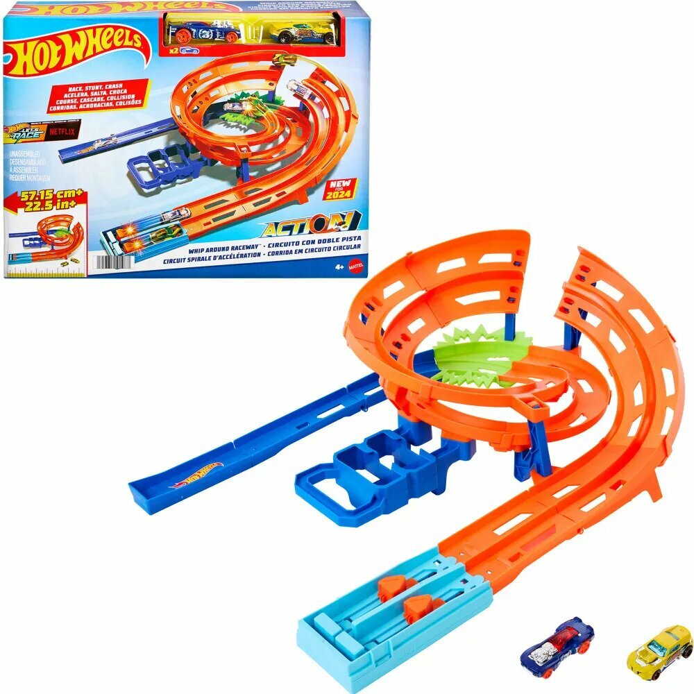 Hot Wheels Whiparound Raceway, 2 игрушечные машинки в масштабе 1:64, хранилище