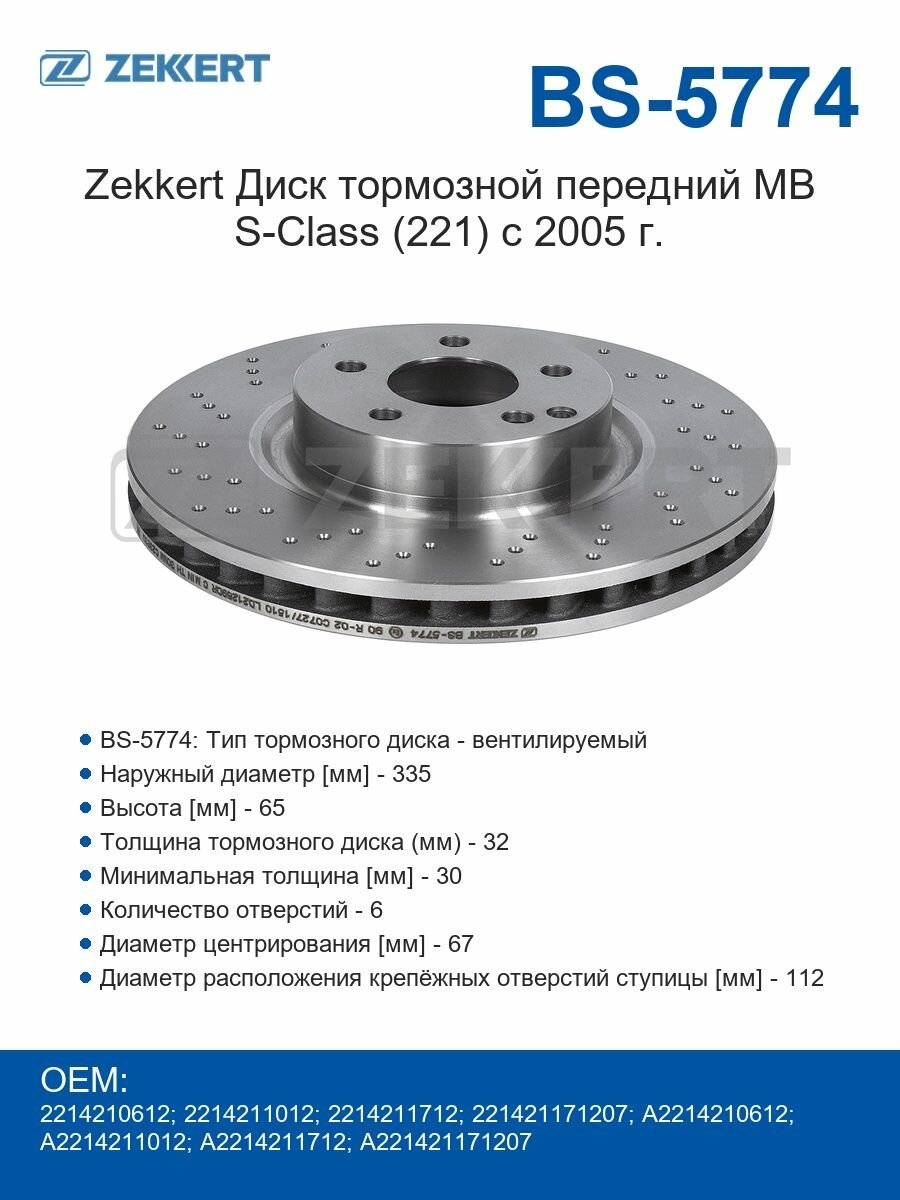 Zekkert Диск тормозной передний MB S-Class (221) с 2005 г.