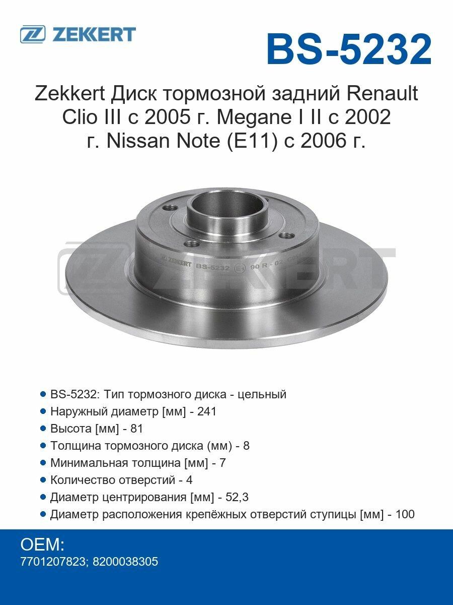 Zekkert Диск тормозной задний Renault Clio III с 2005 г. Megane I II с 2002 г. Nissan Note (E11) с 2006 г.