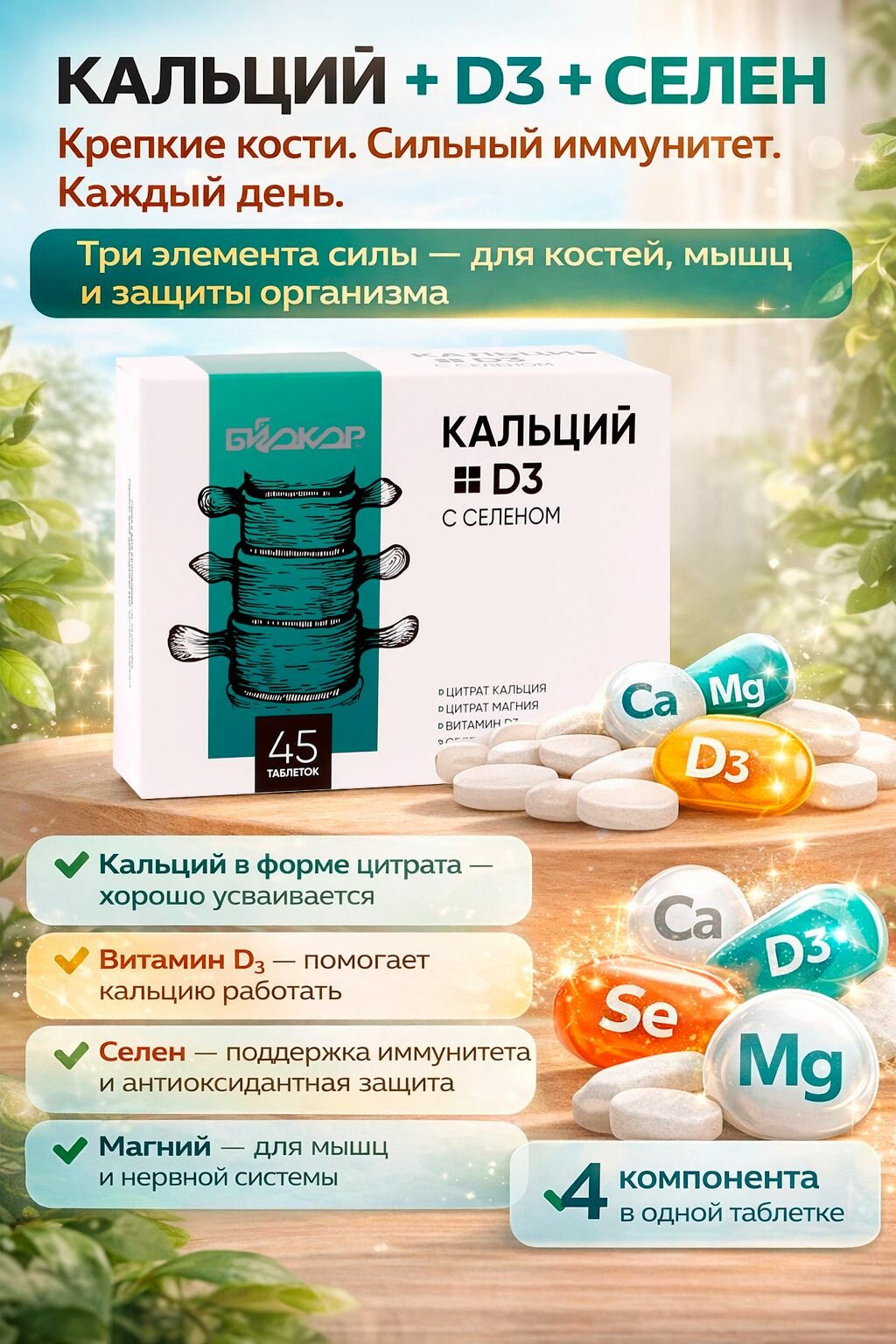 Кальций цитрат + витамин D3 + селен, Биокор, 45 табл, поддержка костей и суставов