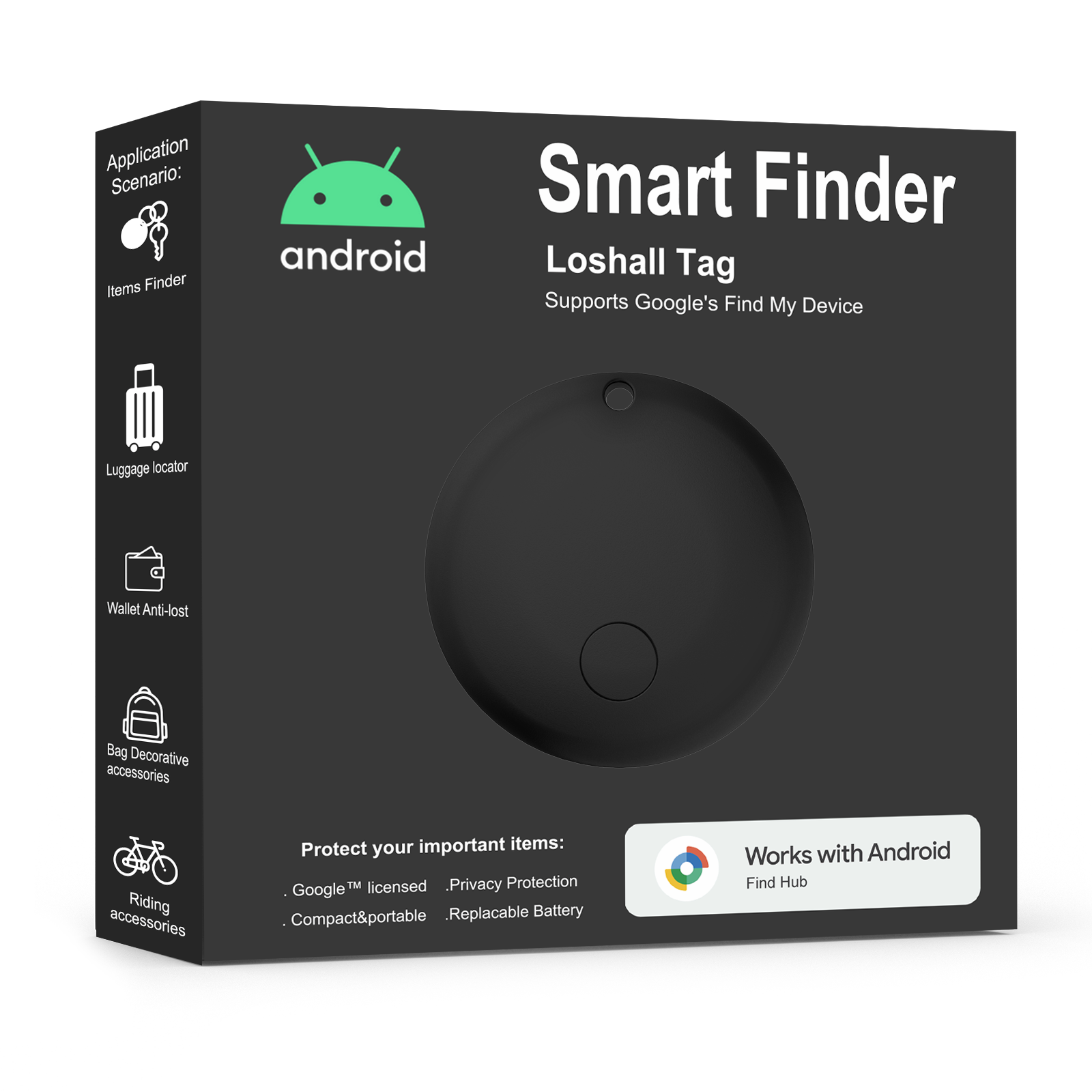 F08 Loshall tag Bluetooth finder для устройств Android Google сертифицированный ключ finder/багаж tracker/вещь locator Совместимый с приложением Google 'Find a Device', Black/White, 1pcs/2pcs/4pcs, Bluetooth 5.2, Android 9 или позднее, IP67, батарейка