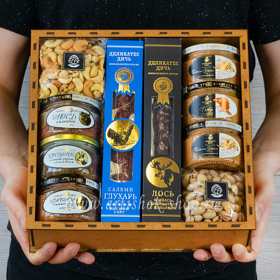 Подарочный набор с колбасой из глухаря и мясом лося, паштетом из утки и бобра, с томленым мясом лося #2204